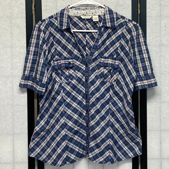Maurices | Tops | Vintage Short Puff Sleeve Plaid Button Up Fitted ...